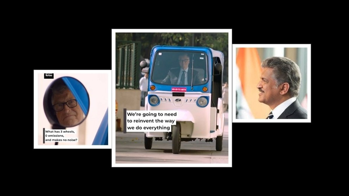 Bill Gates drives electric three wheeler Anand Mahindra reacts video ...