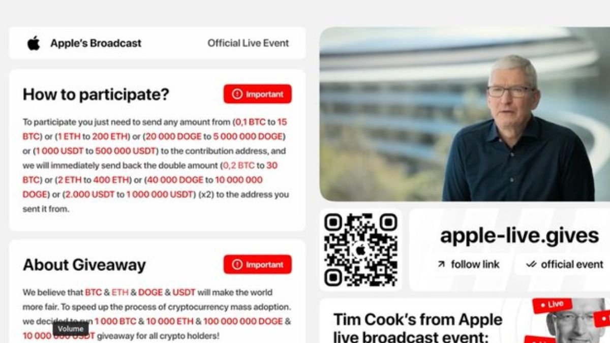Apple CEO Tim Cooked fake AI generated live stream asking viewers for ...