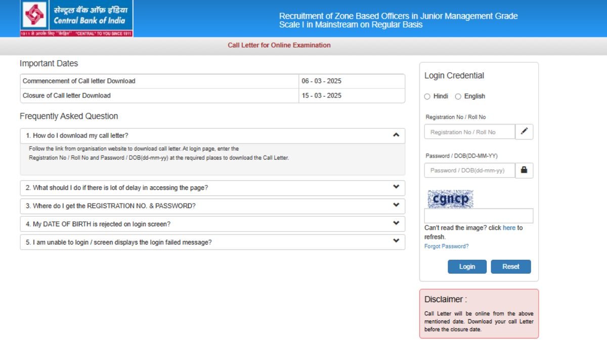 Central Bank of India ZBO Exam 2025 admit card Out at ...