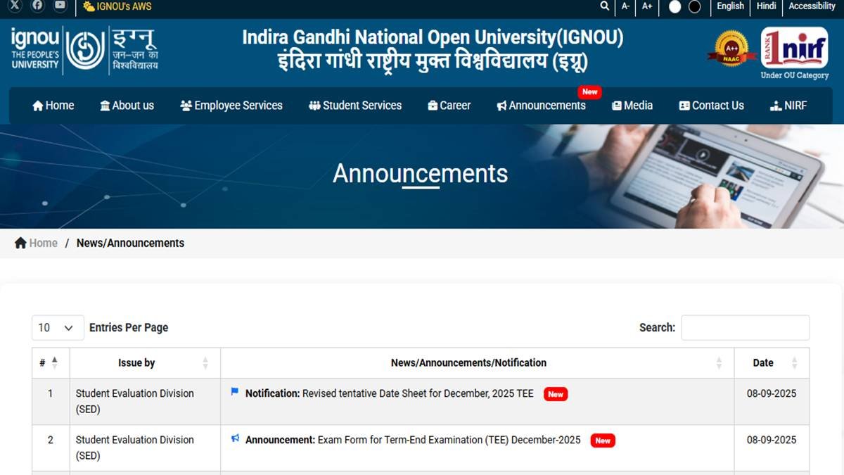 IGNOU TEE December 2025 revised date sheet out candidate fill ...