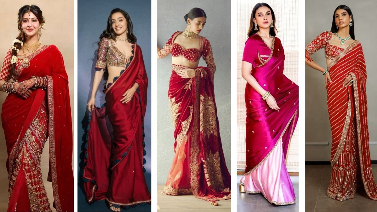 Red saree party wear design better than Gemini AI Viral Saree Photo ...